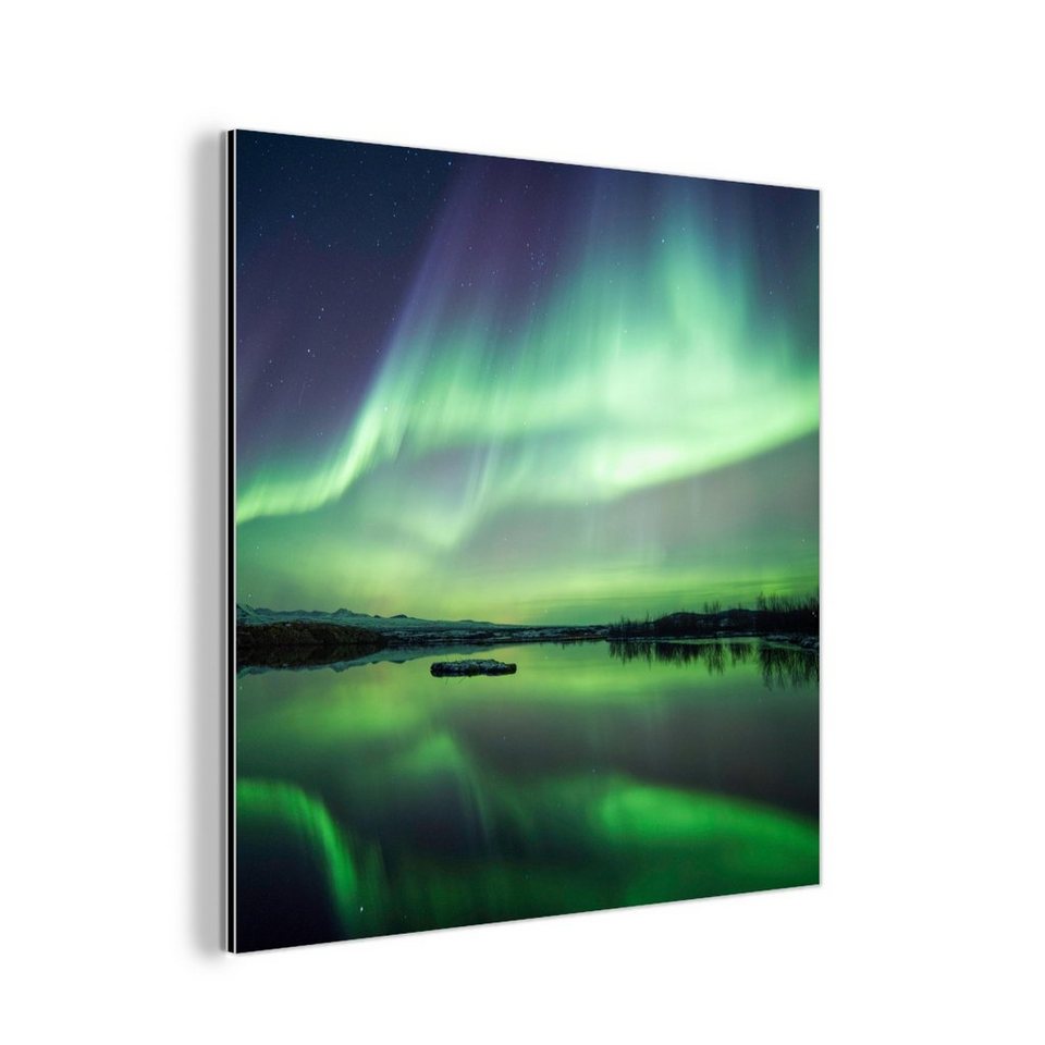 Muchowow Metallbild Nordlicht See Island Grün Wald Schnee